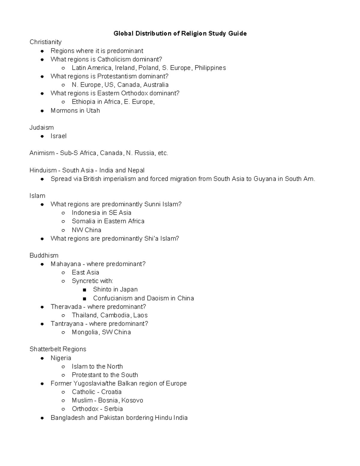 Global Distribution of Religion Study Guide - Global Distribution of ...