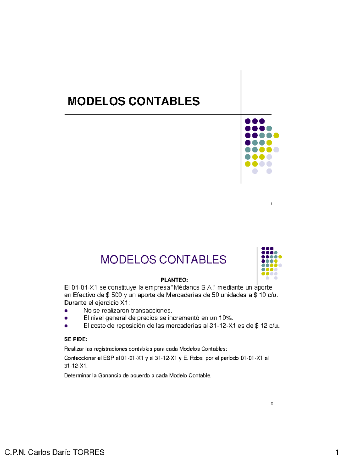 Modelos 2019 - MODELOS CONTABLES 1 MODELOS CONTABLES PLANTEO: El se ...