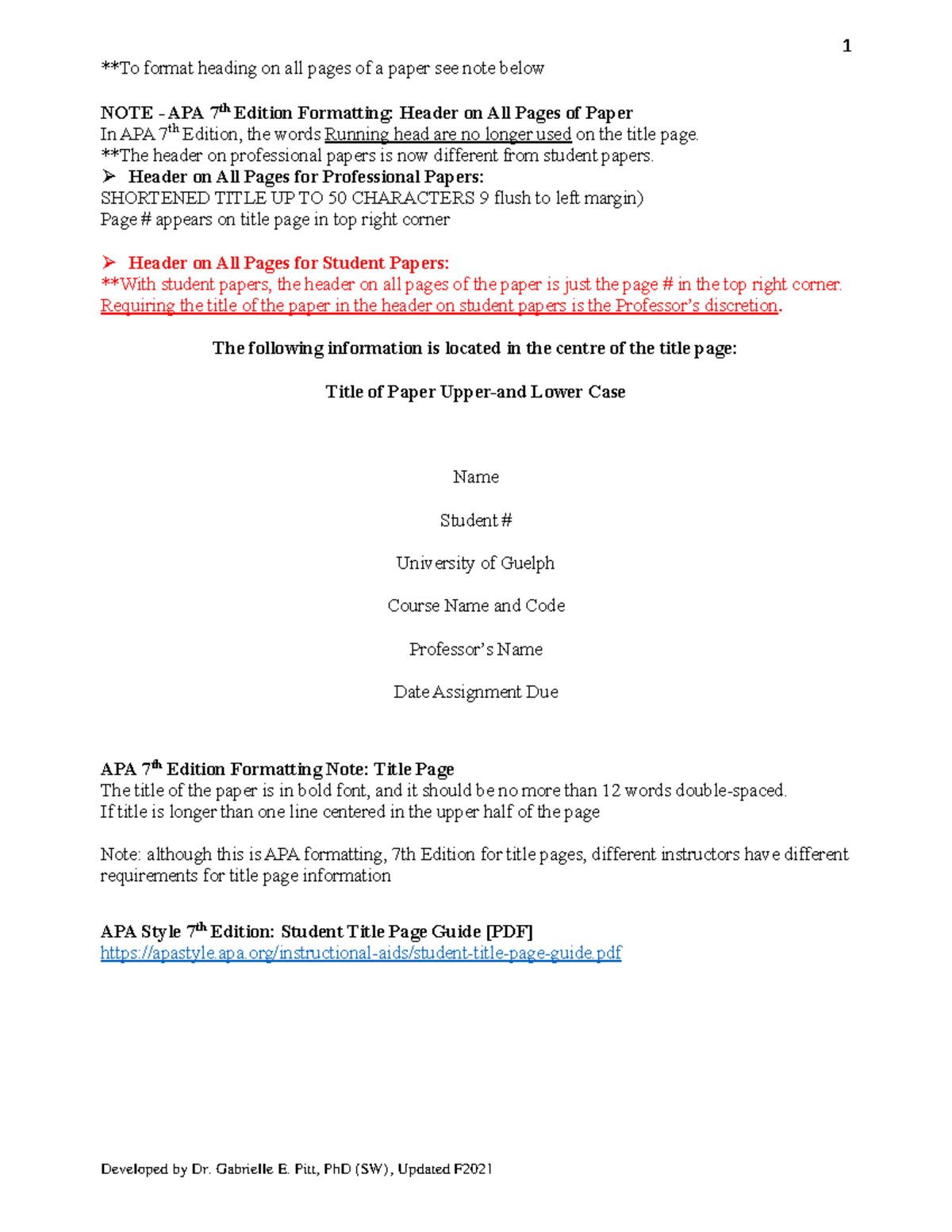 APA 7th Edition Formatting Notes for Academic Papers G. Pitt F 2021 ...