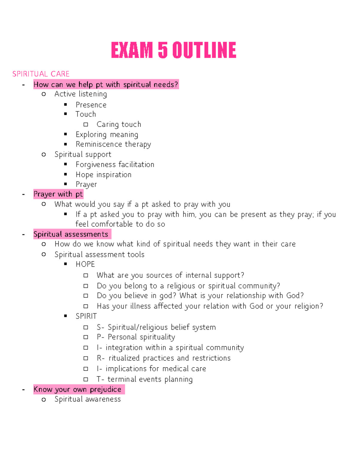 EXAM 5 Outline - this is for exam 5 - SPIRITUAL CARE How can we help pt ...