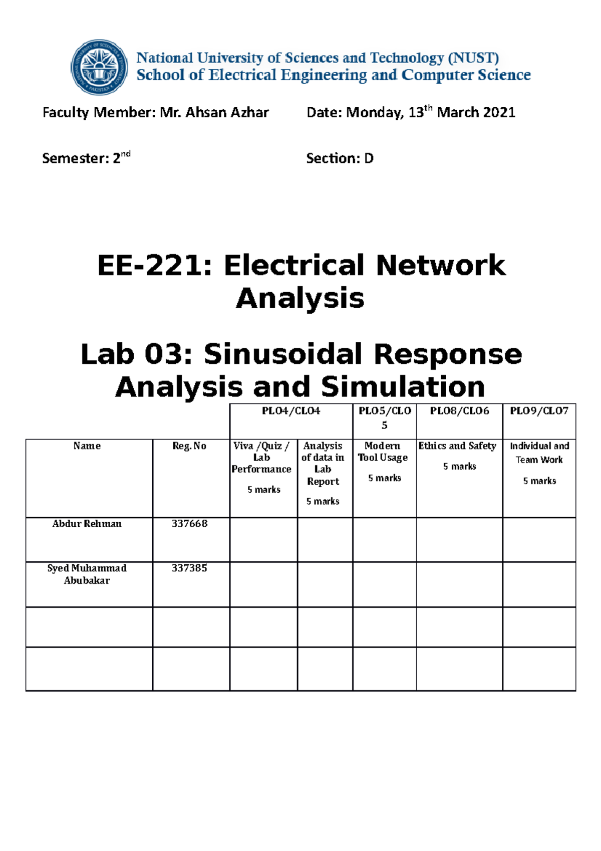 ENA LAB 03 complete - electrical network analysis lab reports - Faculty Member: Mr. Ahsan Azhar ...