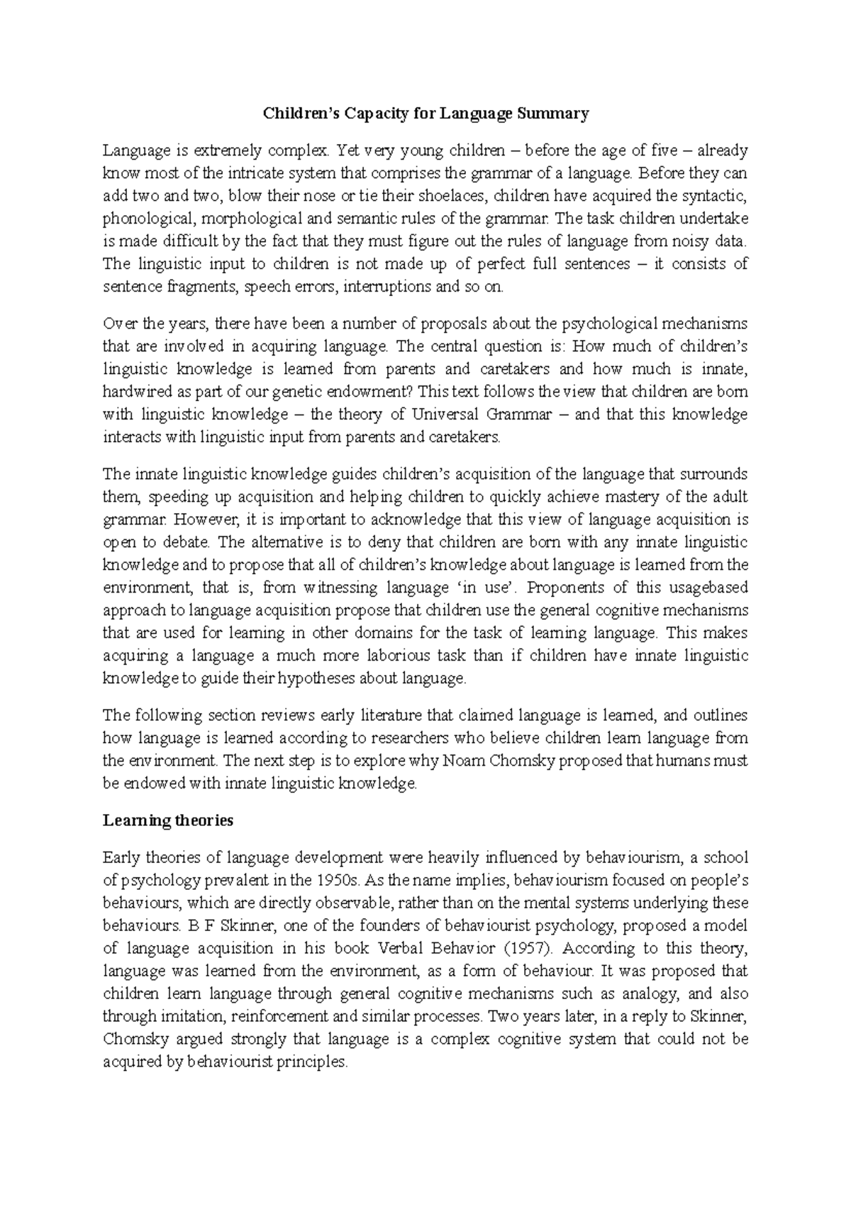 Children Capacity for Language Summary - Children’s Capacity for ...