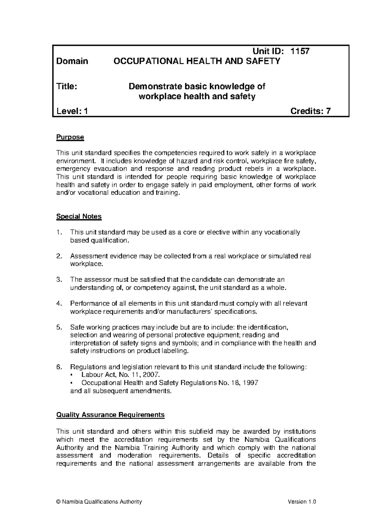 ID 1157 Demonstrate basic knowledge of workplace health and - Unit ID ...