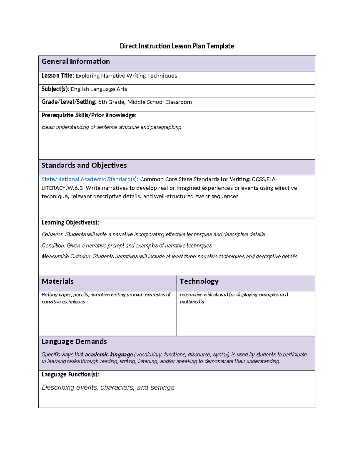 La And Instruction Task 1 Direct Instruction Lesson Plan Template
