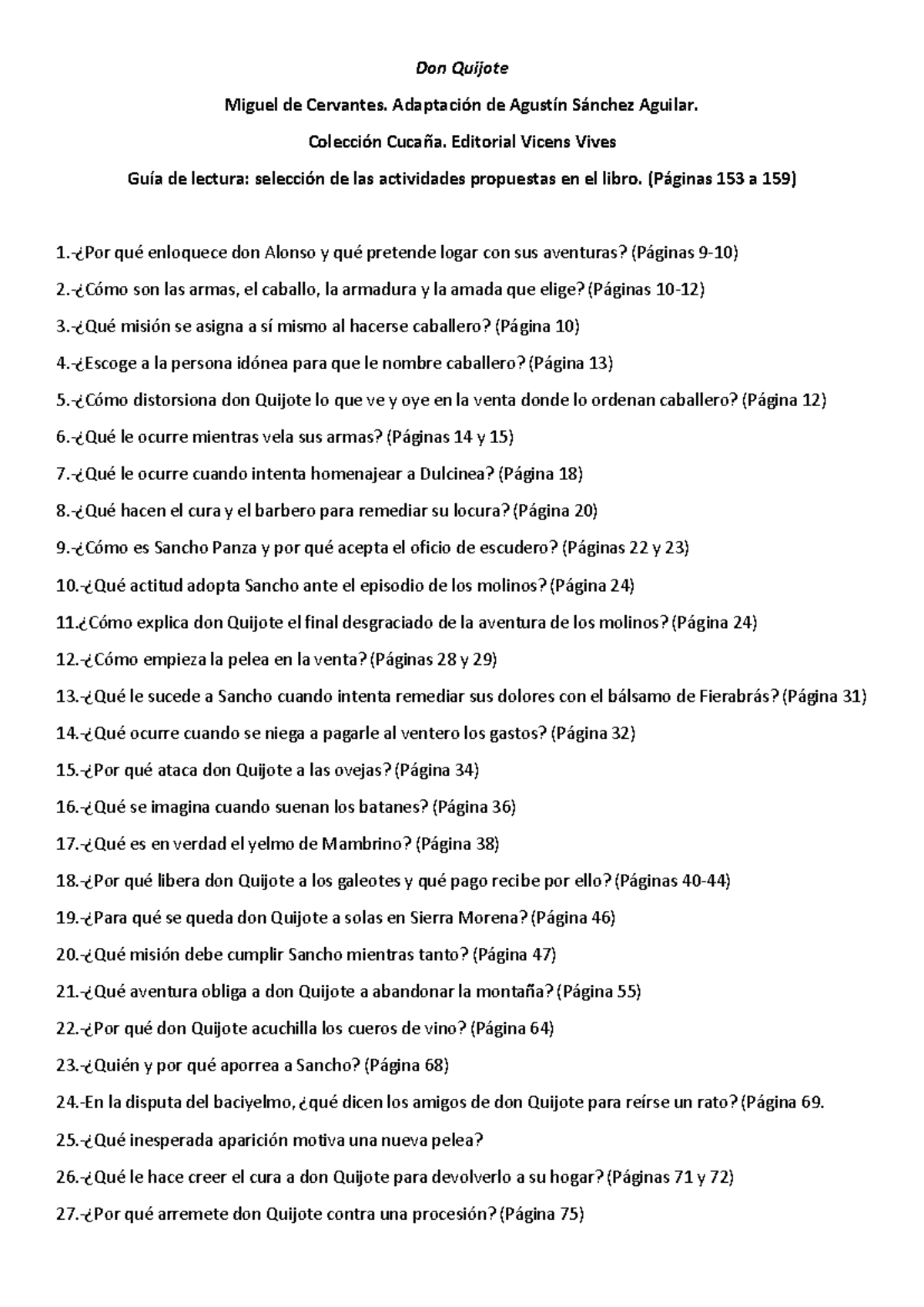 Don Quijote. Adaptación de la colección Cucaña. Guía de lectura - Don ...