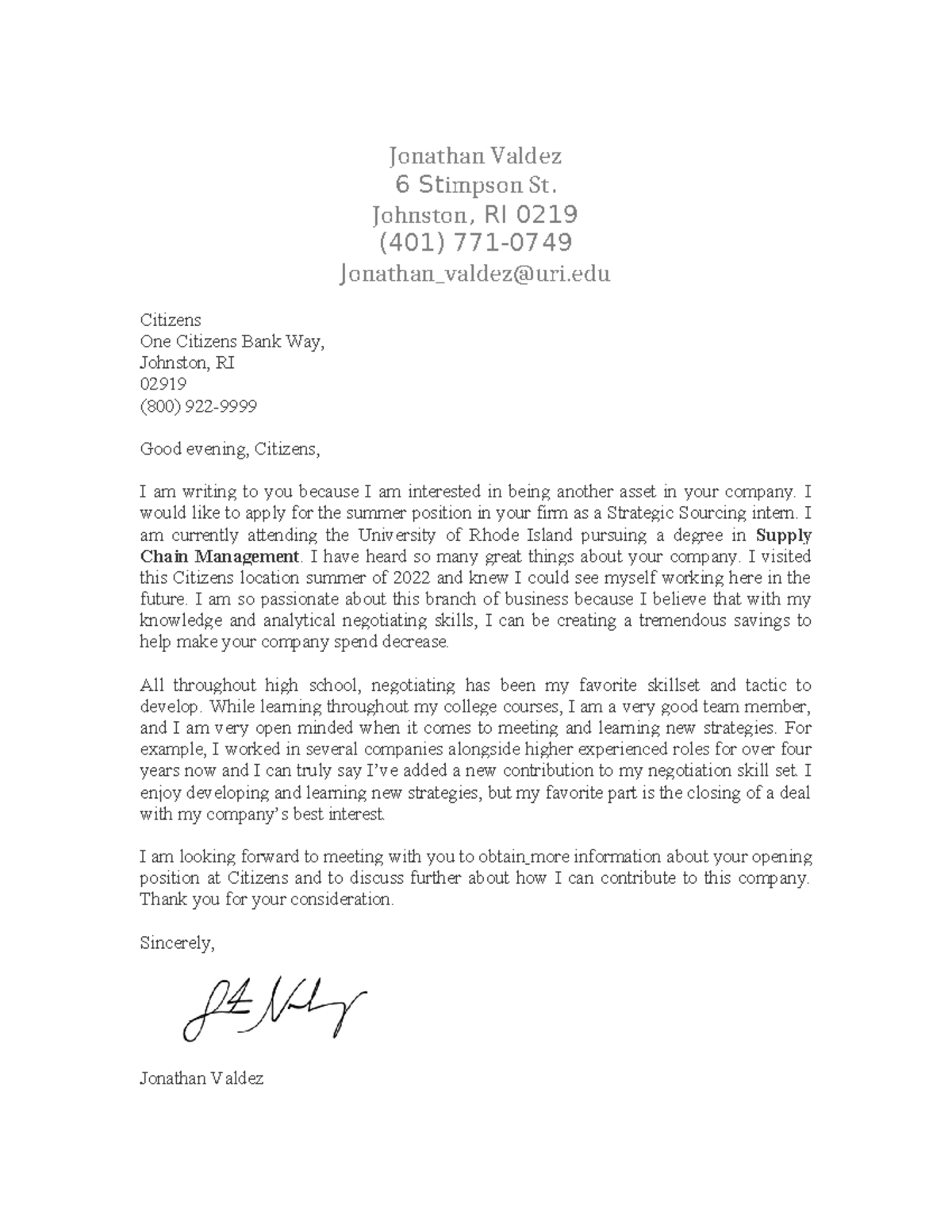 Cover Letter for SCA 460 - Jonathan Valdez 6 Stimpson St. Johnston, RI ...