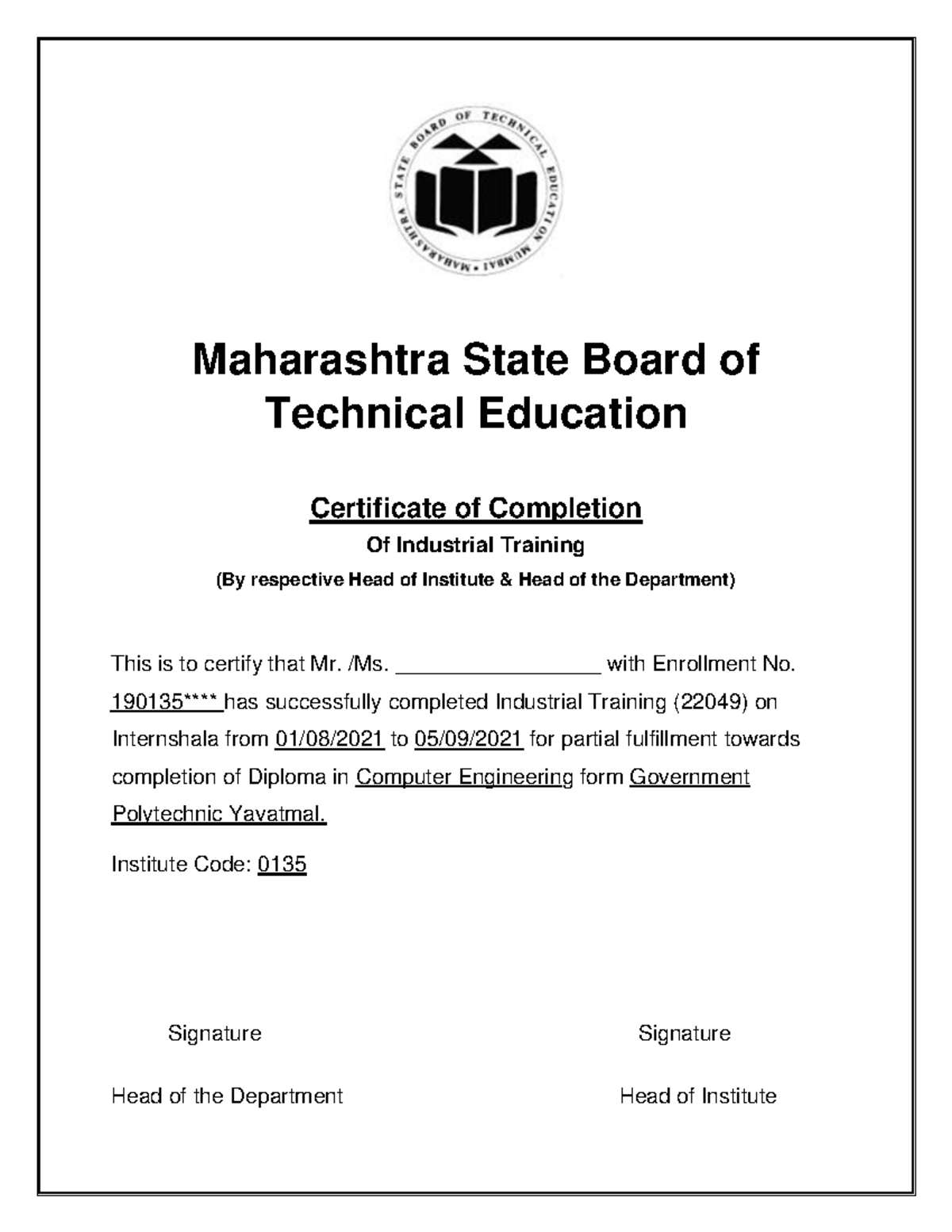 Itr report msbte polytechnic - Maharashtra State Board of Technical ...