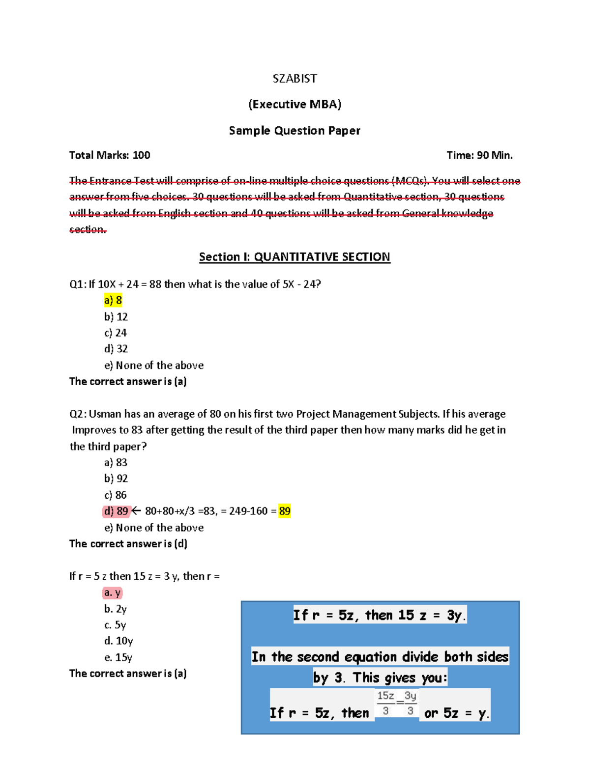 Szbi - past papers - SZABIST (Executive MBA) Sample Question Paper ...