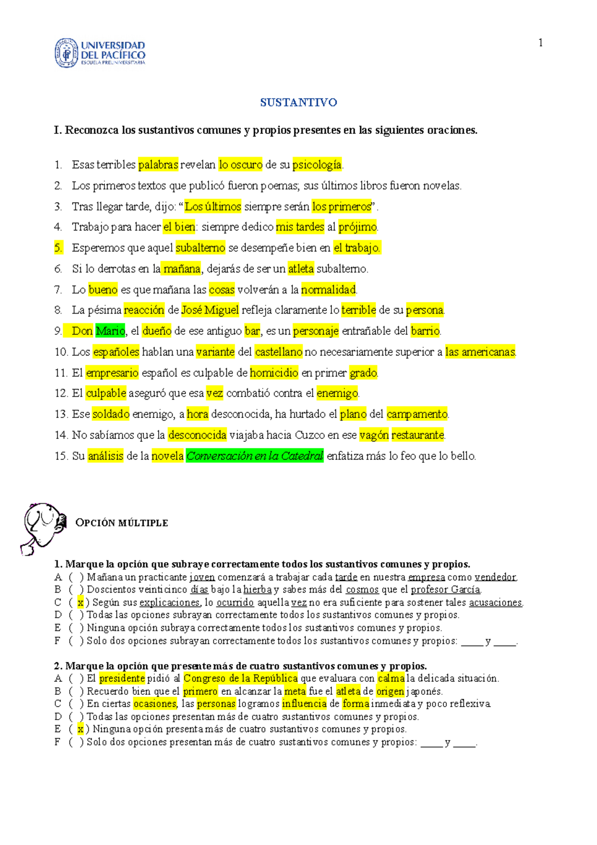 1 Sustantivo - Preparación para el examen - SUSTANTIVO I. Reconozca los ...