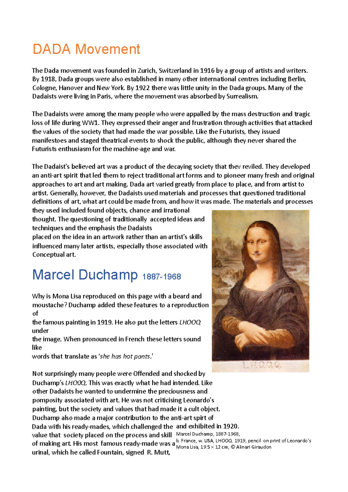 DADA Worksheet - DADA Movement The Dada movement was founded in Zurich ...