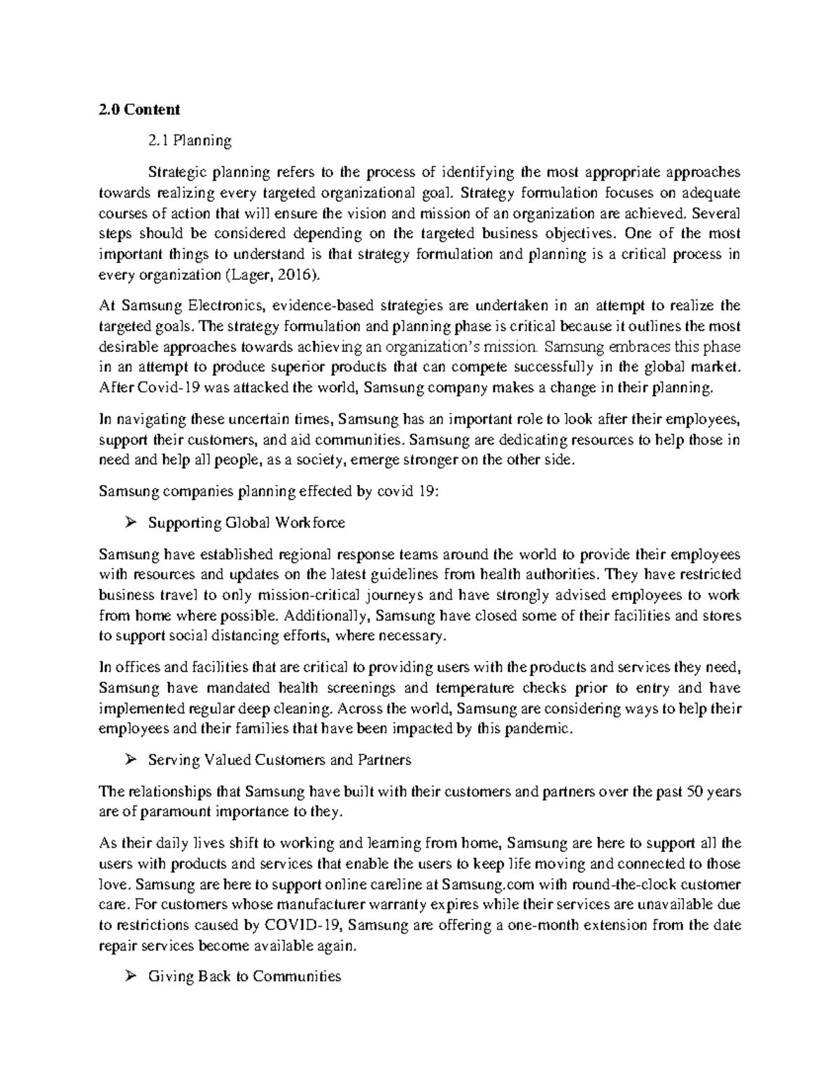 planning in introduction in management of samsung company - 2 Content 2 ...