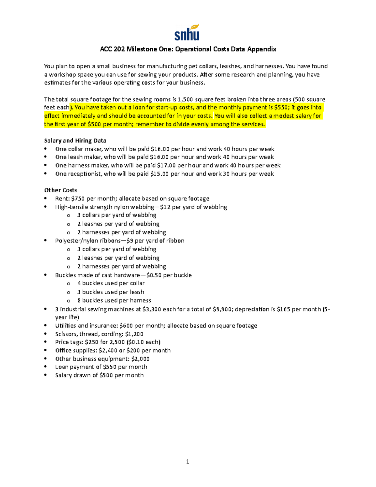 ACC 202 Milestone One Operational Costs Data Appendix - You have found ...