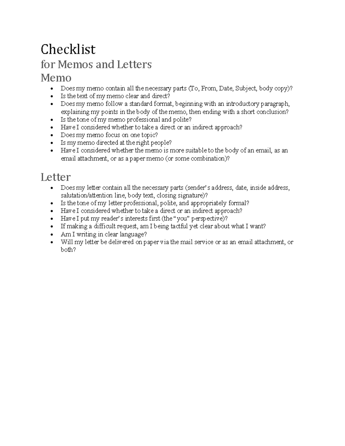 Checklist For memo and letter - Checklist for Memos and Letters Memo ...