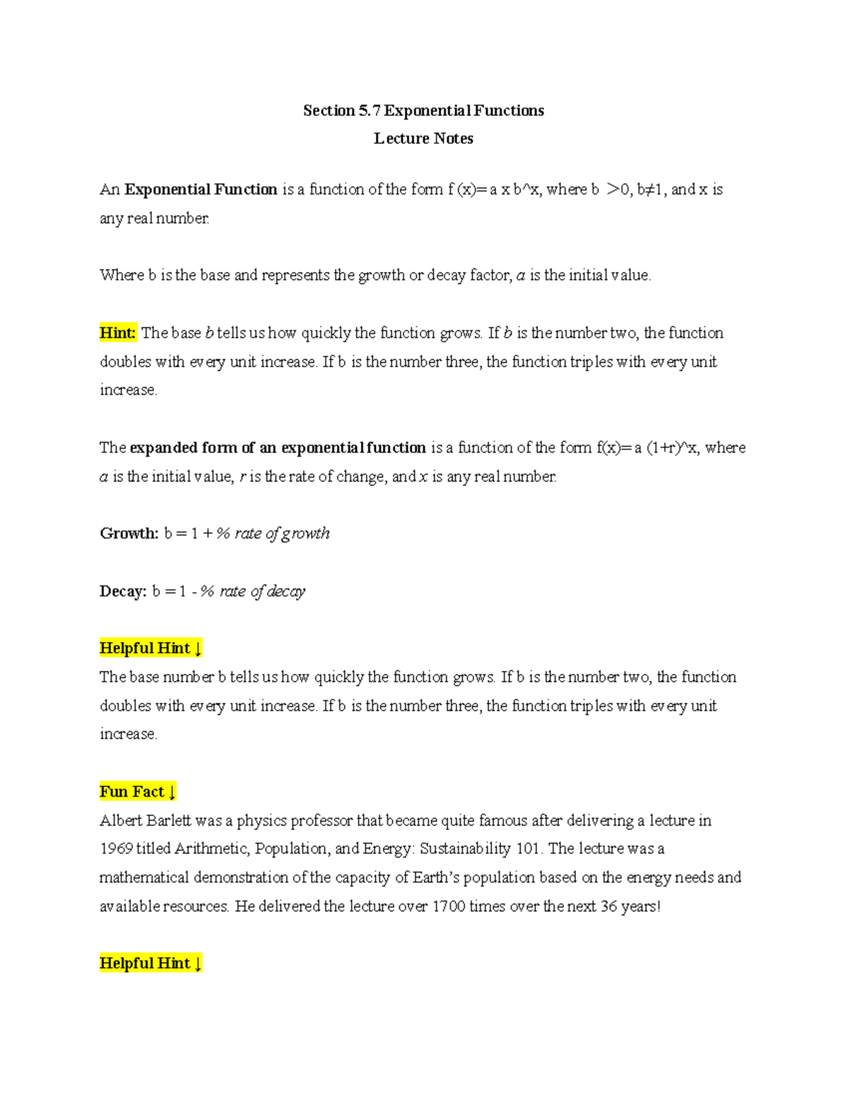 Section 5.7 Notes - Section 5 Exponential Functions Lecture Notes An ...