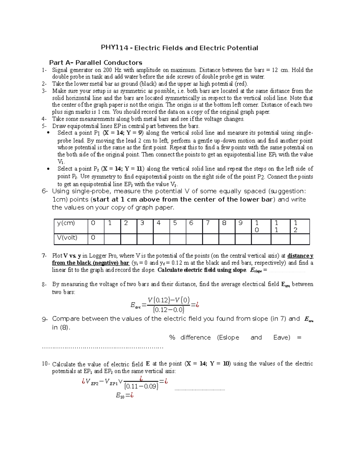 Worksheet PHY114 Electric Field Plotting - PHY114 Electric Fields and ...