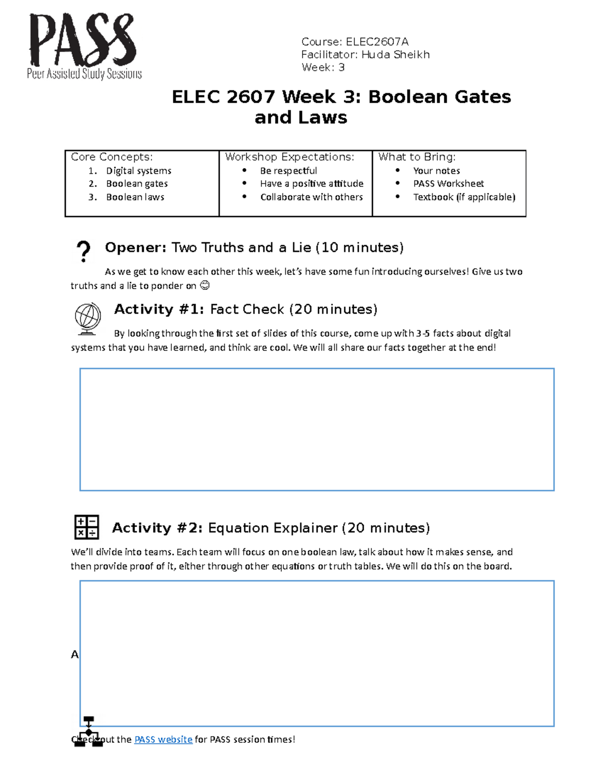 PASS Worksheet ECOR 1047 - Course: ELEC2607A Facilitator: Huda Sheikh ...