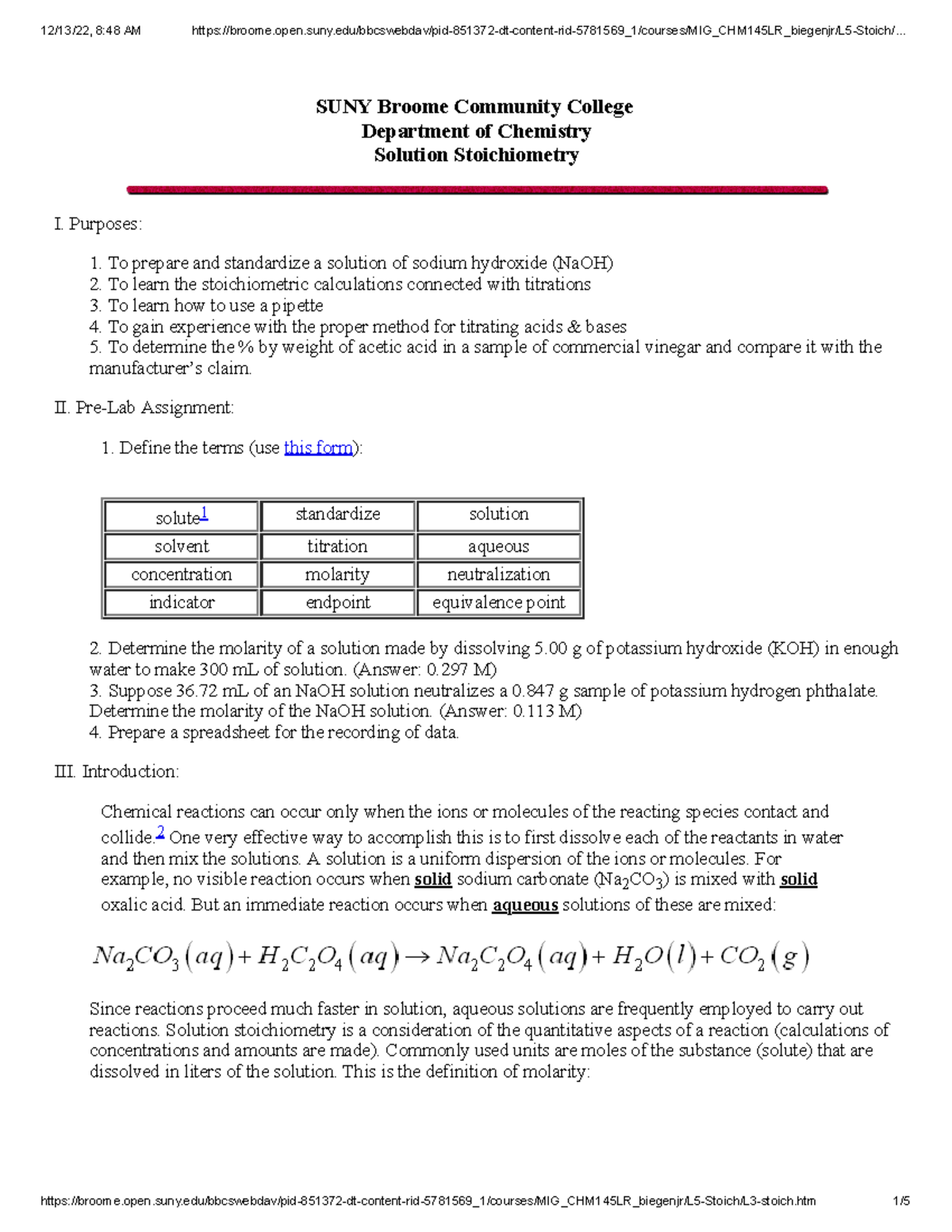 L3-stoich - solution stoichiometry - SUNY Broome Community College ...