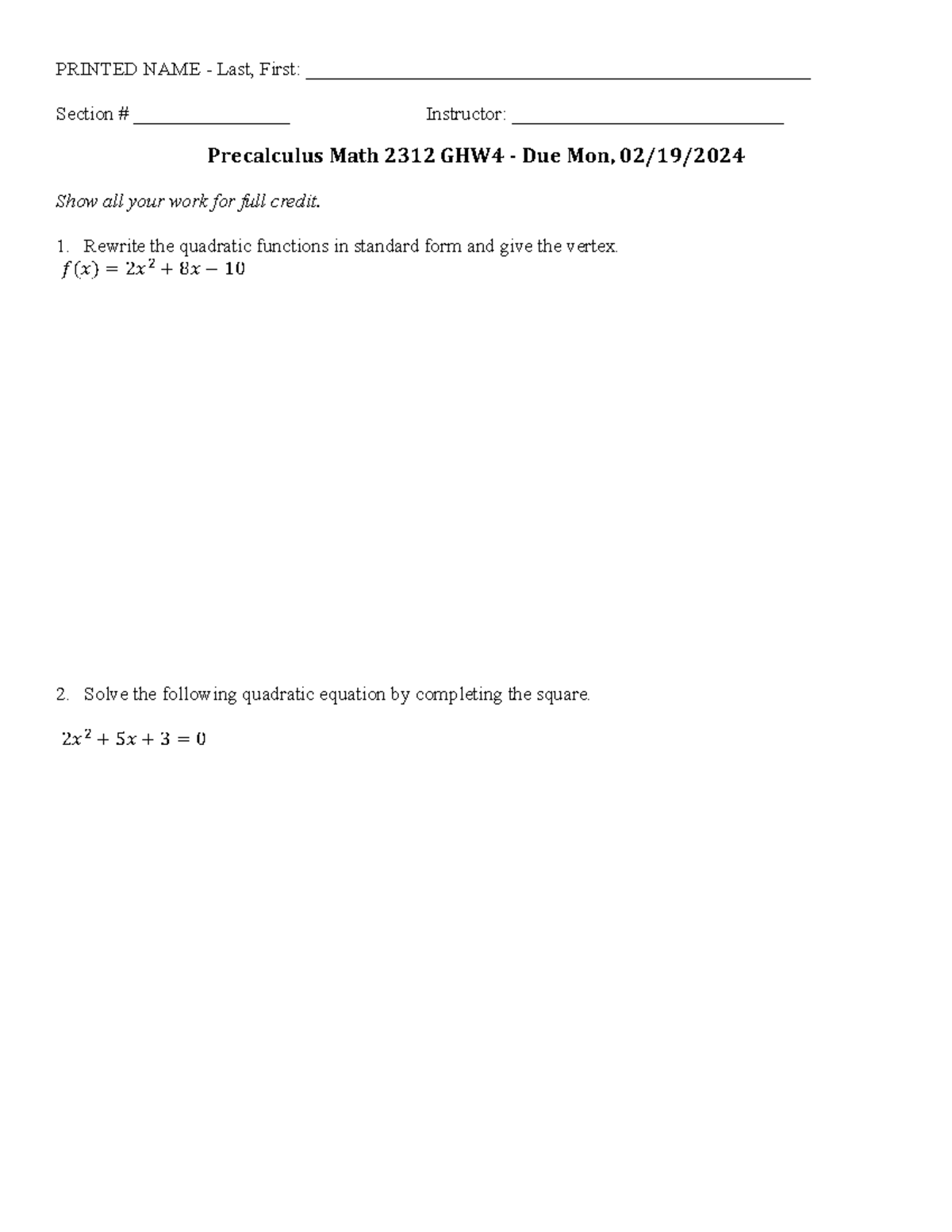 GHW 4 - Precal 2312 math - PRINTED NAME - Last, First: - Studocu