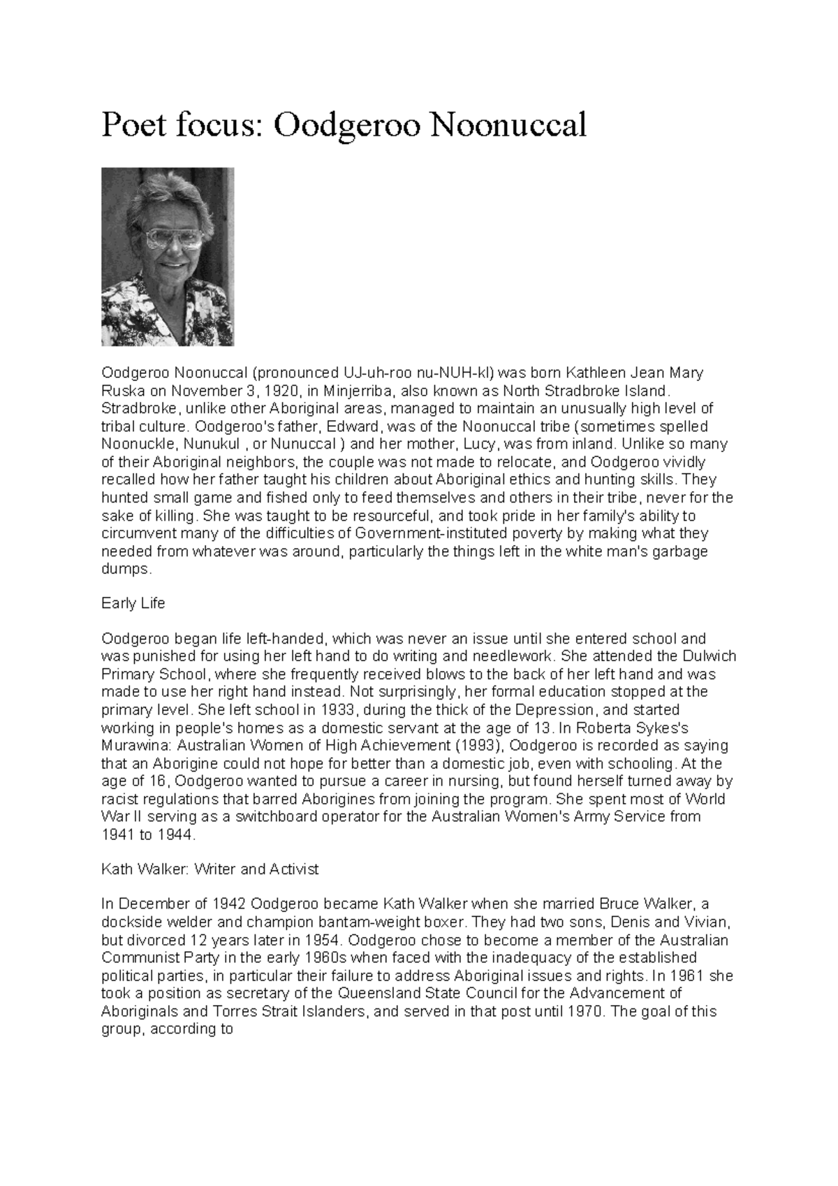 Oodgerroo Noonuccal -Is a poetry study with context and many more ...