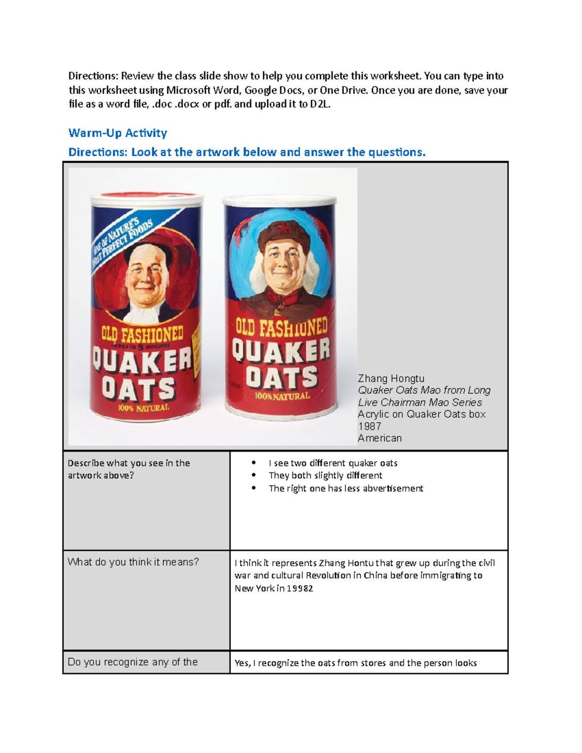 ART105 Module Guide 5 - Directions: Review the class slide show to help ...