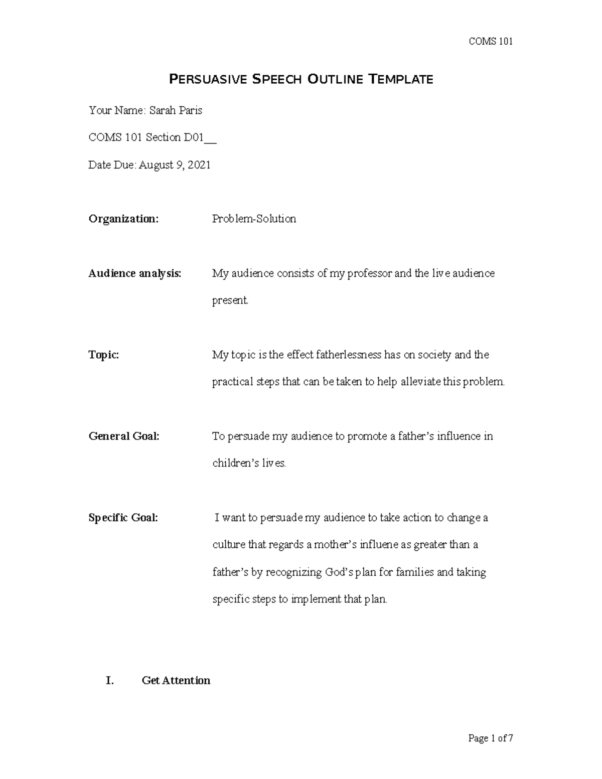 Persuasive Speech Outline - PERSUASIVE SPEECH OUTLINE TEMPLATE Your ...