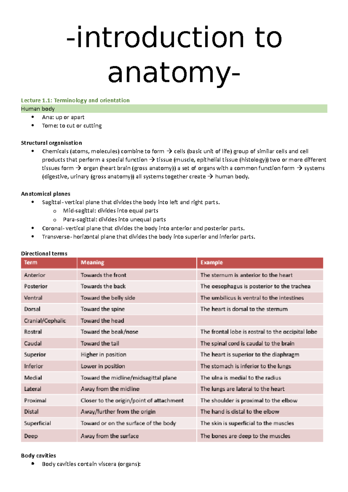 Intro to anatomy notes - lecture1-3 - HLTH108 - MQ - Studocu