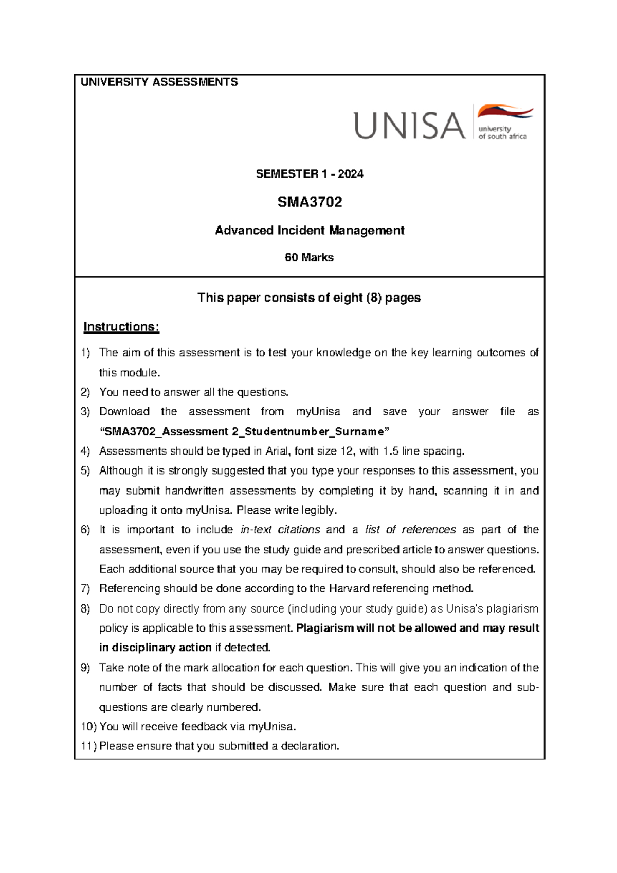 SMA3702 Assessment 2 Semester 1 2024 - UNIVERSITY ASSESSMENTS SEMESTER 1 - 2024 SMA Advanced ...