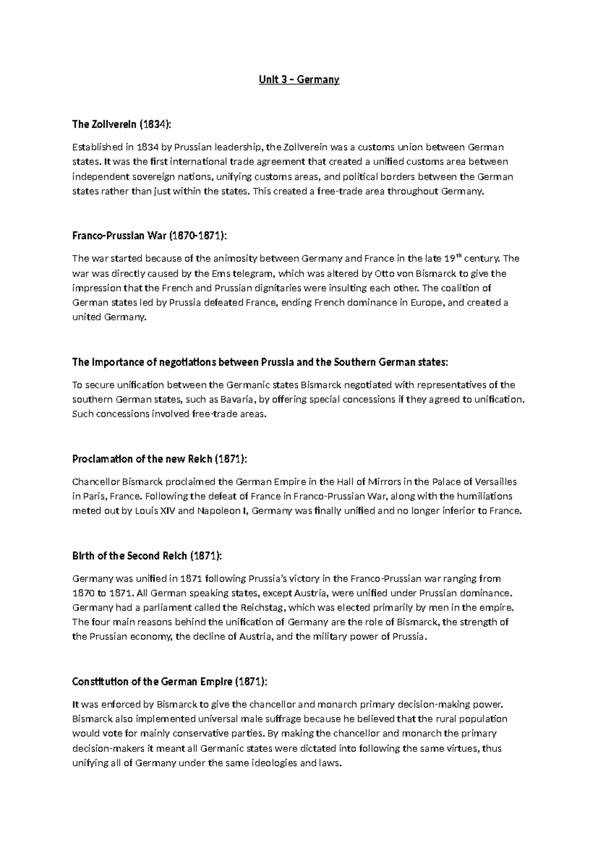 History revision notes (germany - unit 3) - Unit 3 – Germany The ...