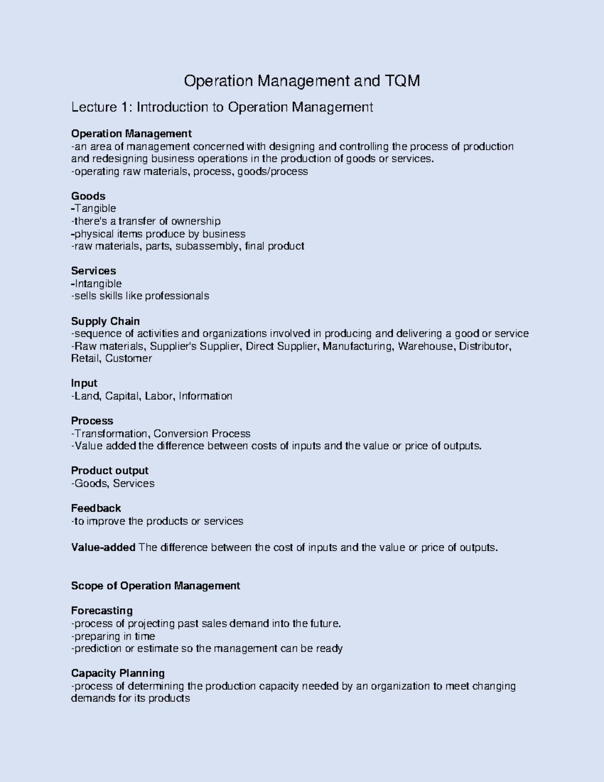 BGMT25A- Lesson 1 Lectures - Operation Management and TQM Lecture 1 ...