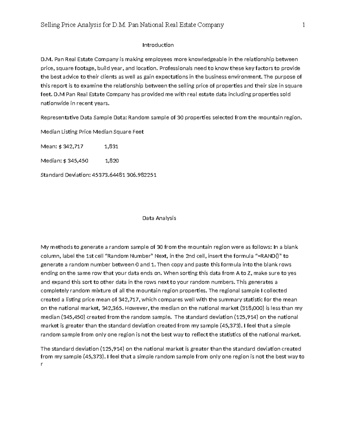 MAT 240 Module Two Assignment - Selling Price Analysis for D. Pan ...