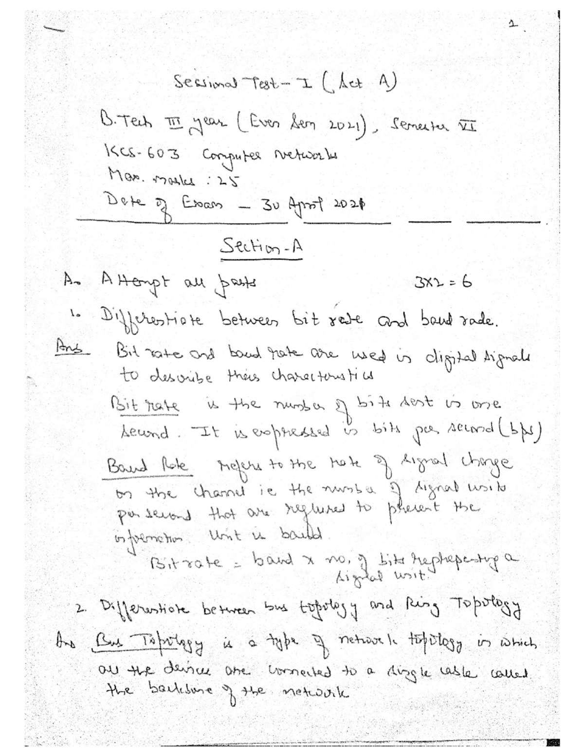 Computer Network KCS-603 ST-1 Sol Even 20-21 - B.tech - Studocu