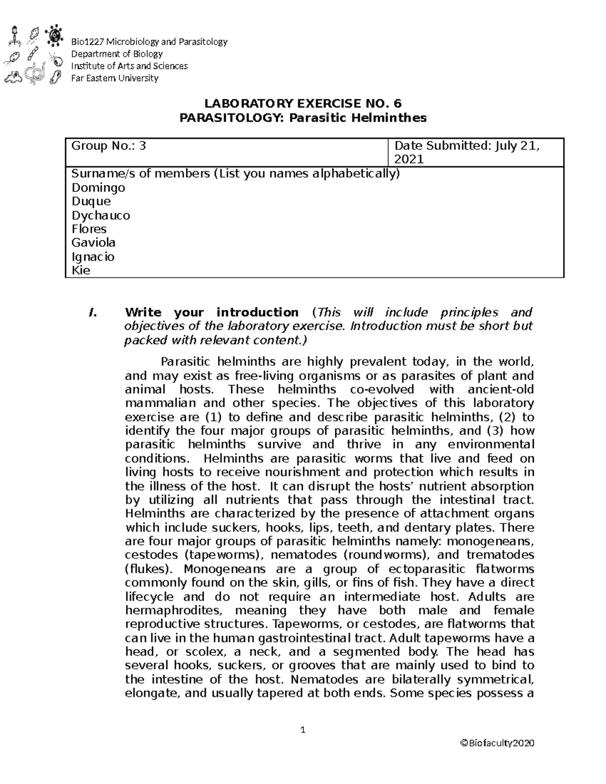 Activity NO 6 Parasitology Parasitic Helminthes - Department of Biology ...