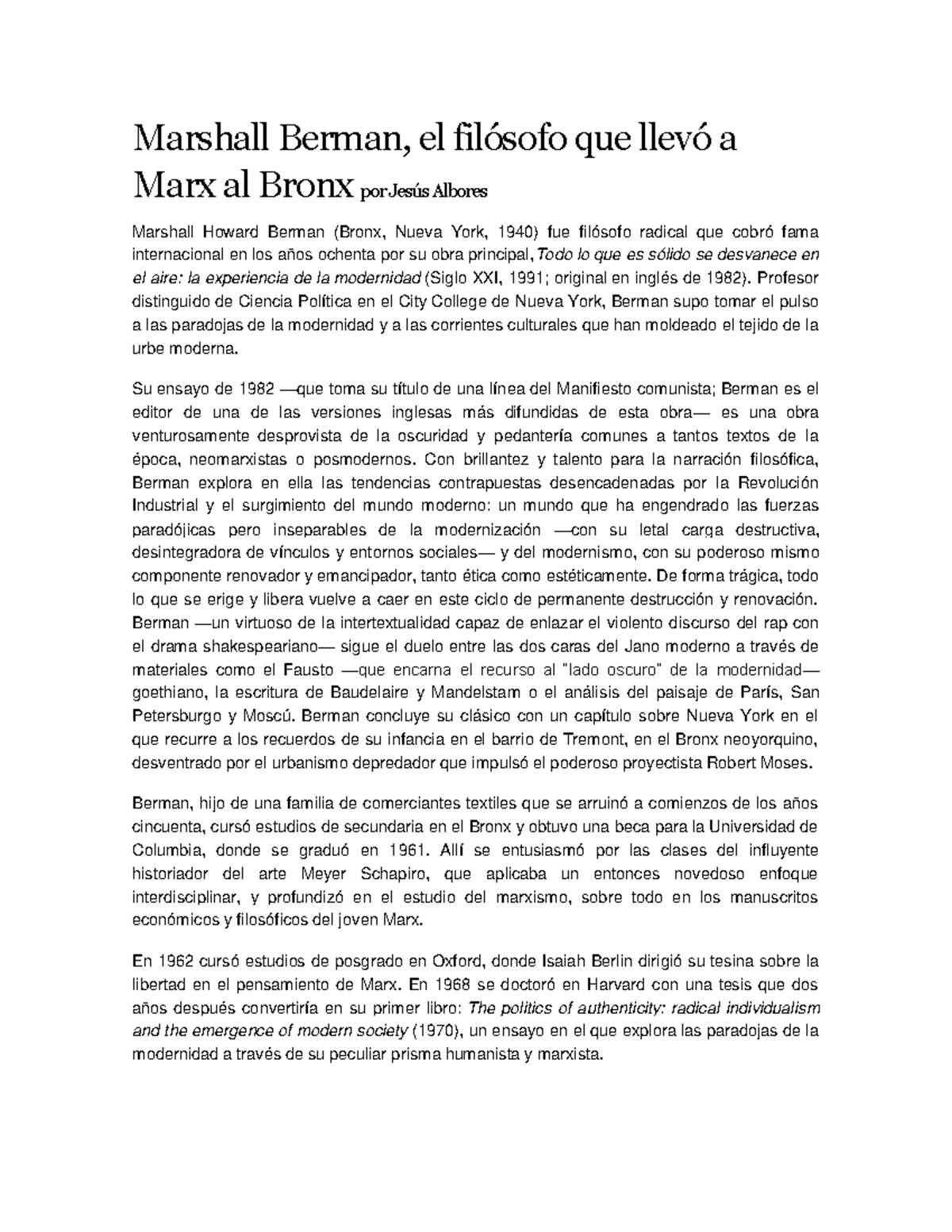 Anexo biográfico Berman - Marshall Berman, el filósofo que llevó a Marx ...