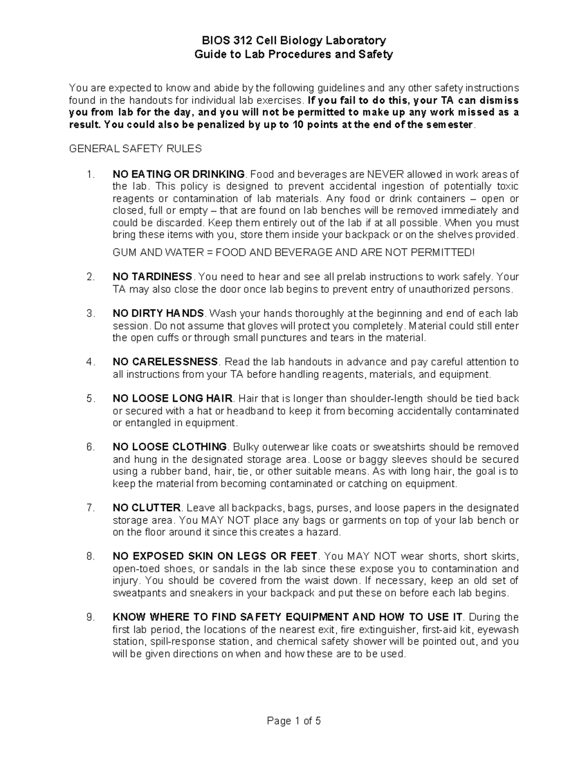 BIOS 312 Lab Procedures and Safety - BIOS 312 Cell Biology Laboratory ...