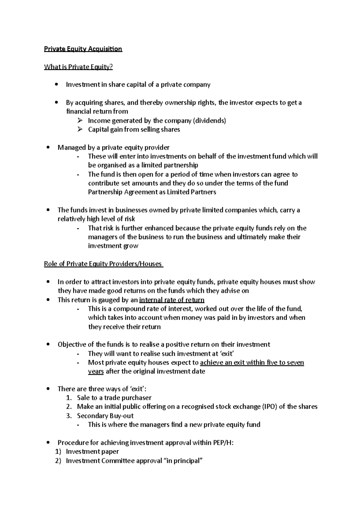 Private Equity Acquisition Notes WS 7 - Studocu