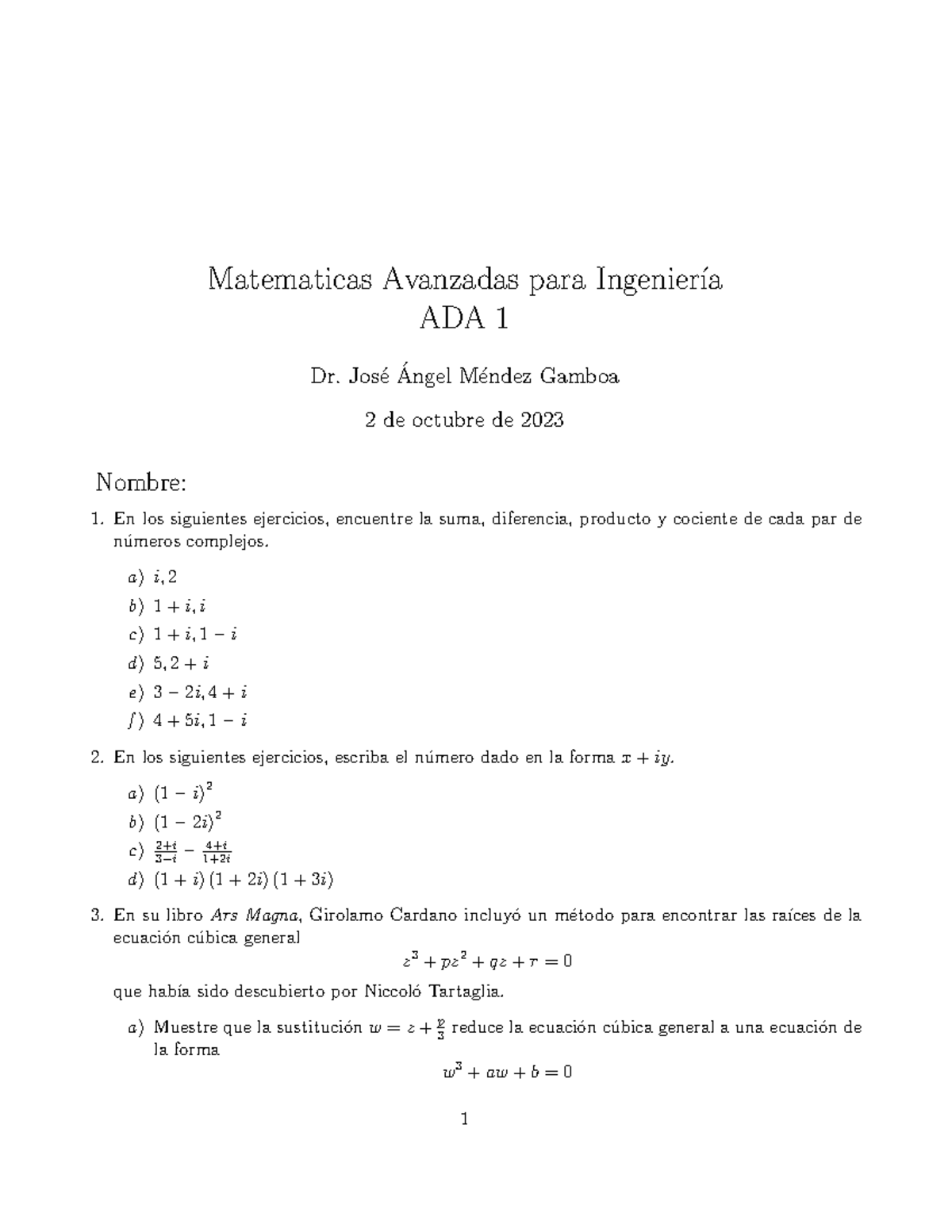 ADA 1 - tarea - Matematicas Avanzadas para Ingenier ́ıa ADA 1 Dr. Jos ...