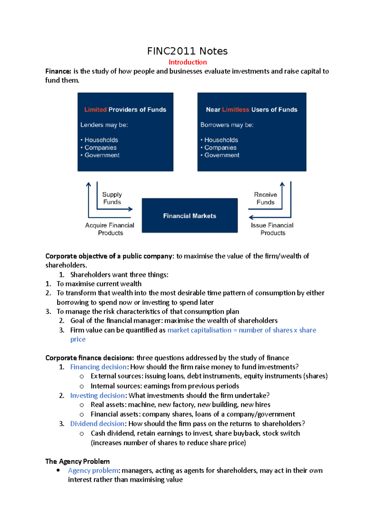 FINC2011 Notes - FINC2011 Notes Introduction Finance: is the study of ...
