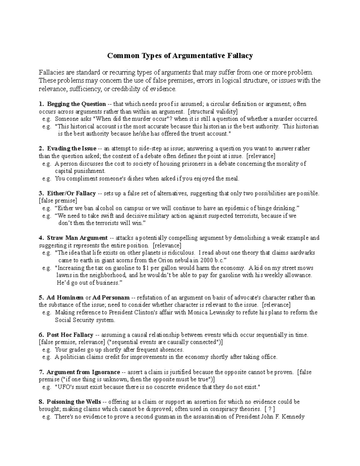 Argumentative Fallacies - notes - Common Types of Argumentative Fallacy ...