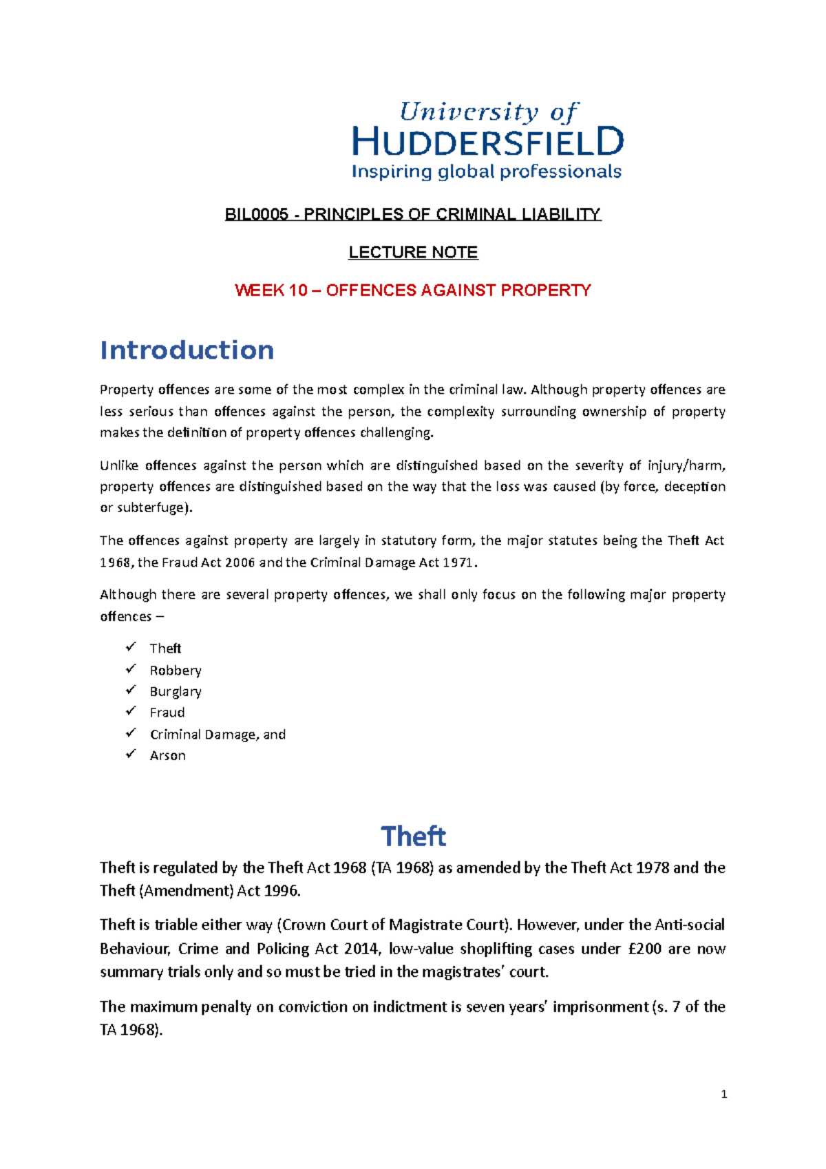 Property Offences - BIL0005 - PRINCIPLES OF CRIMINAL LIABILITY LECTURE ...