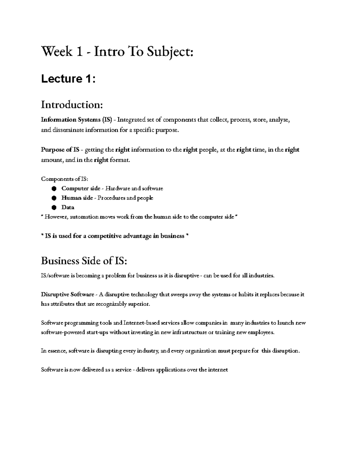 Notes Intro To Is Week 1 Intro To Subject Lecture 1 Introduction Information Systems