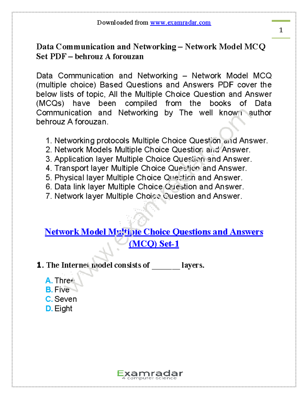 MCQ CH2datacommunicationnetworkingnetworkmodelmultiplechoicequestionsandanswers PDFbehrou - Data ...