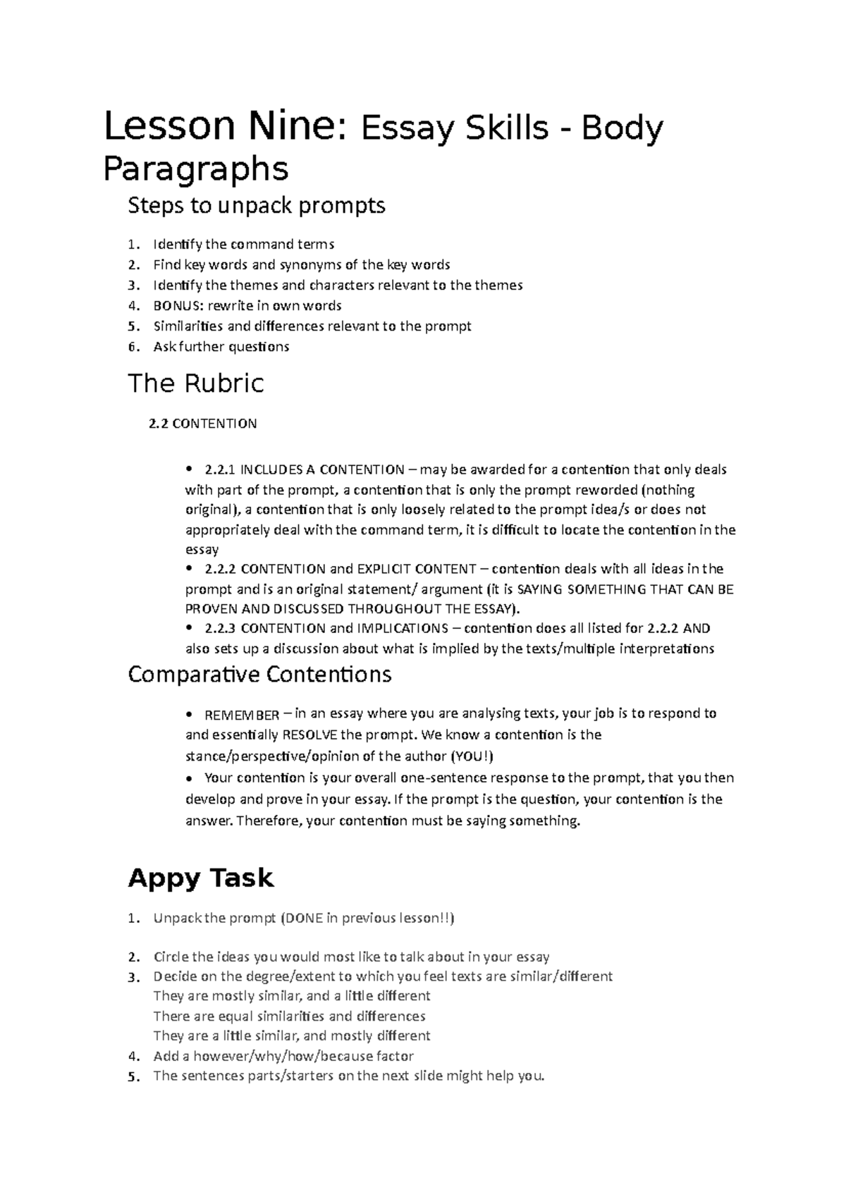 class lessons my notes - Lesson Nine: Essay Skills - Body Paragraphs ...