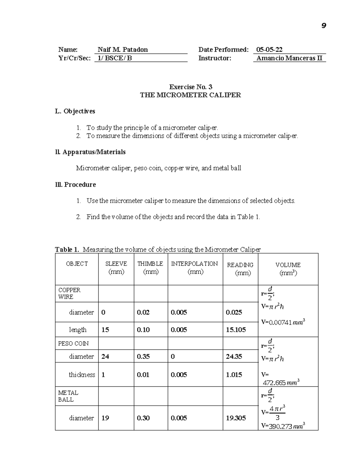 Experiment 3 - Micrometer(Patadon) - 9 Name: Naif M. Patadon Date ...