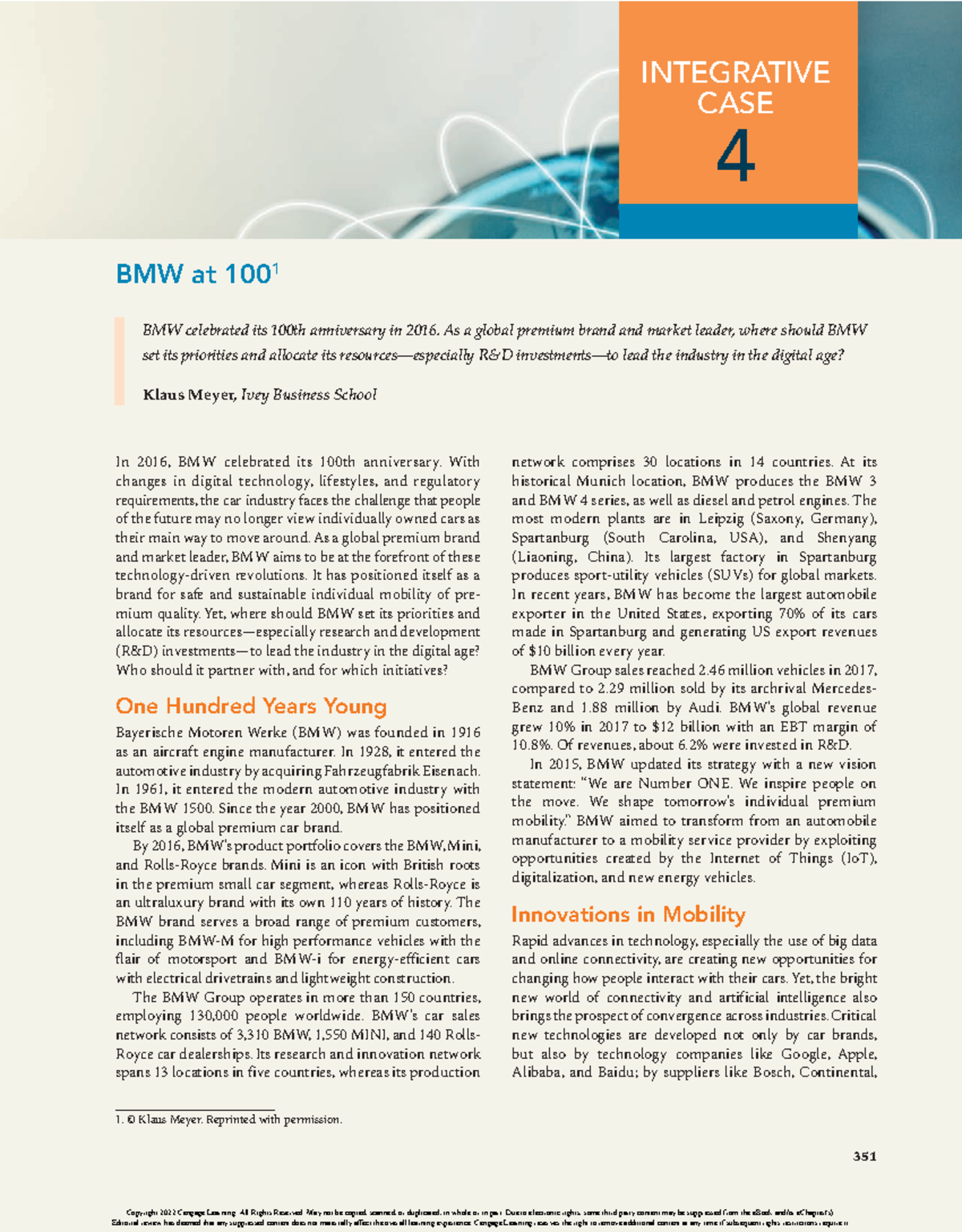 IBS Case BMW at 100 - Integrative Case 4 BMW at 100 351 In 2016, BMW ...