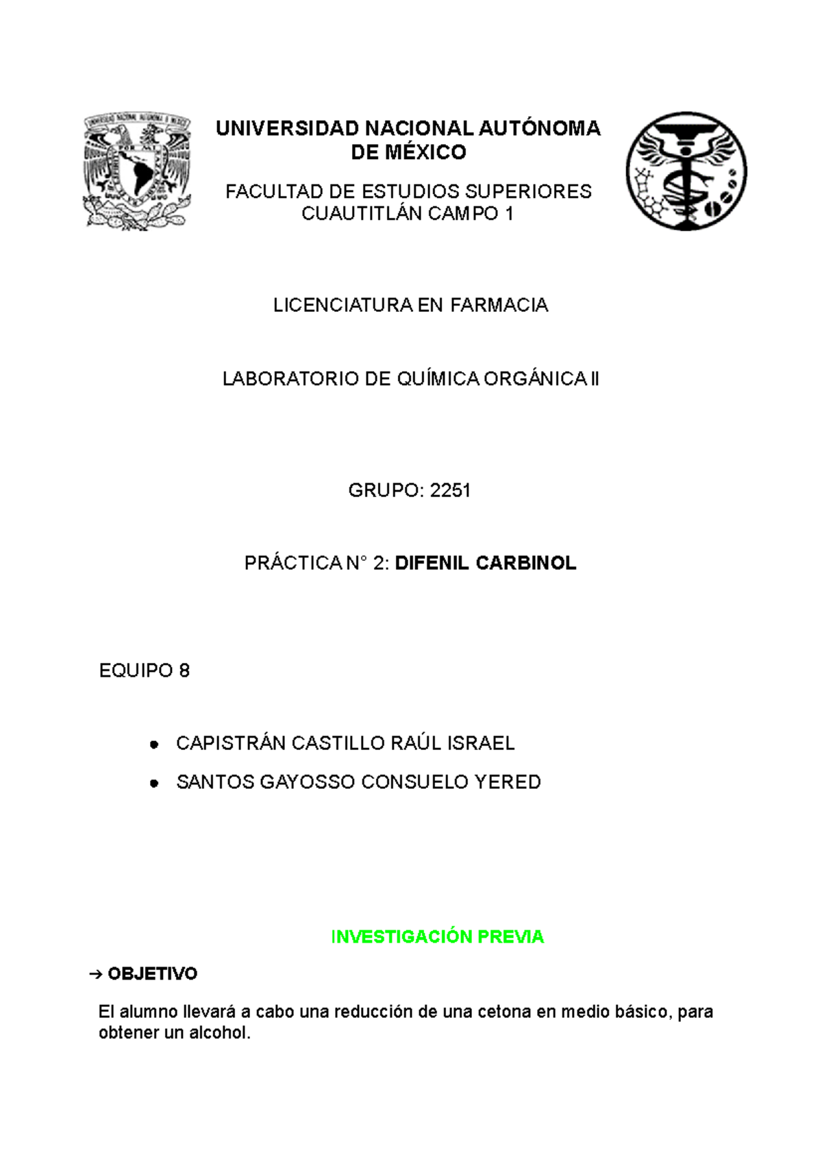 Previo Difenil Carbinol - UNIVERSIDAD NACIONAL AUTÓNOMA DE MÉXICO ...