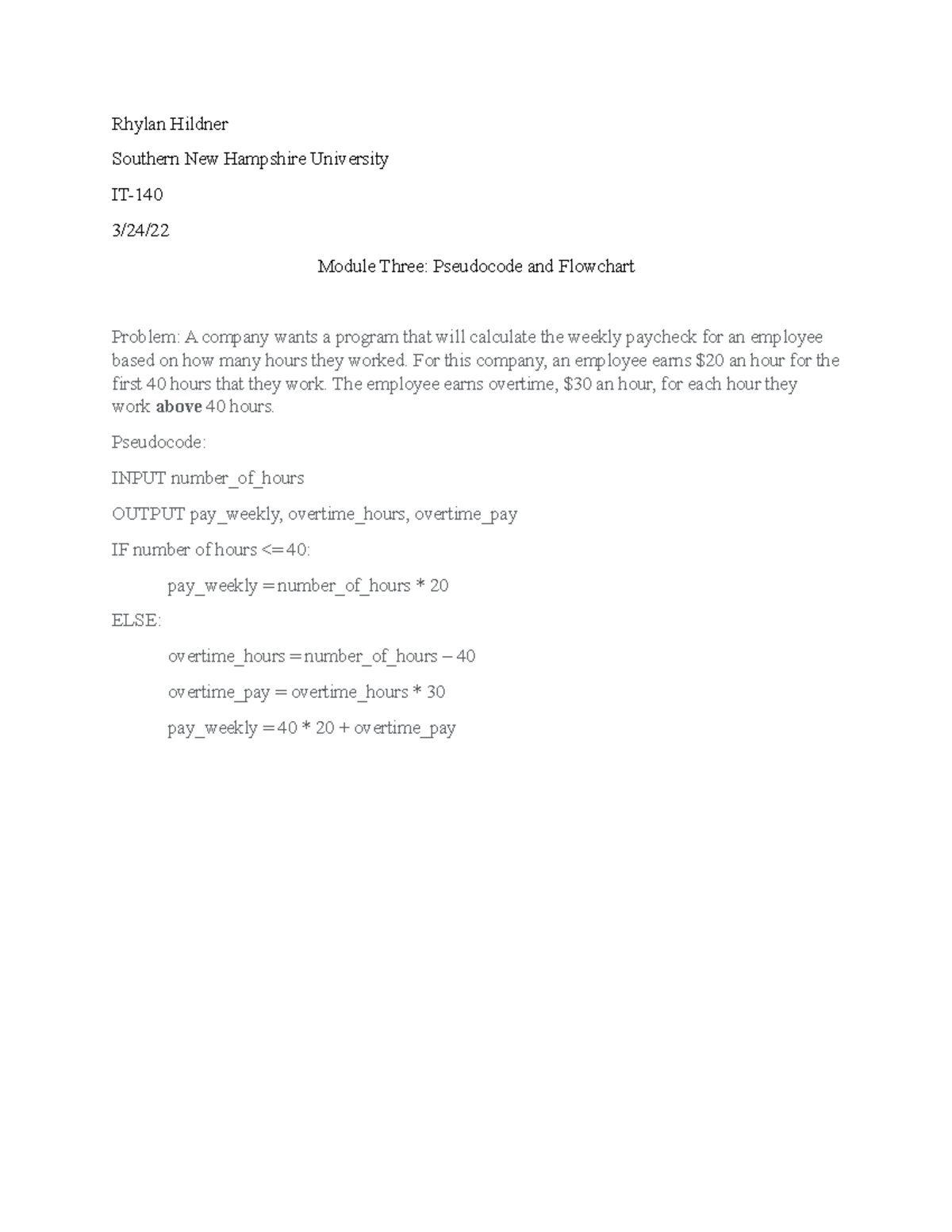 Module 3 Pseudocode And Flowchart Rhylan Hildner Southern New Hampshire University It 3 24