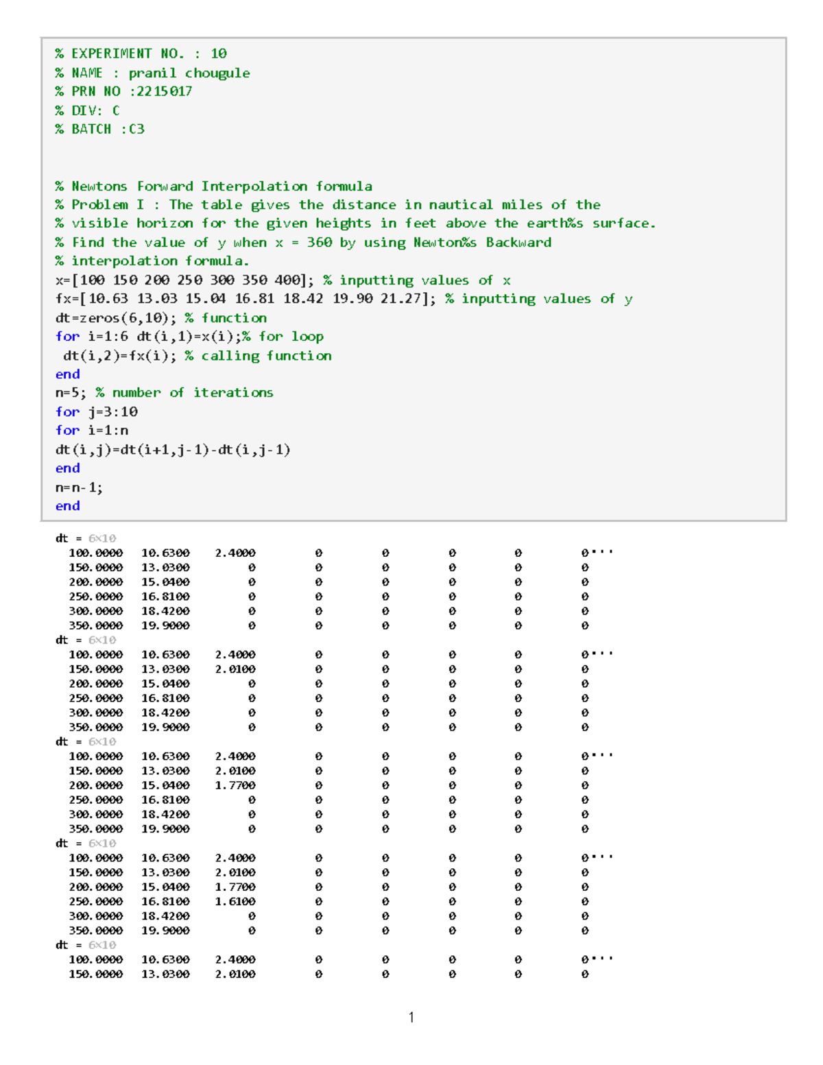 EXPT 10 2215017 - % EXPERIMENT NO. : 10 % NAME : pranil chougule % PRN ...