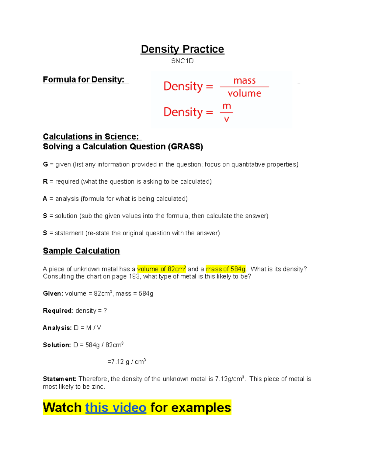 Density Practice 2020 - Asmaa Al Mansour - Density Practice SNC1D ...