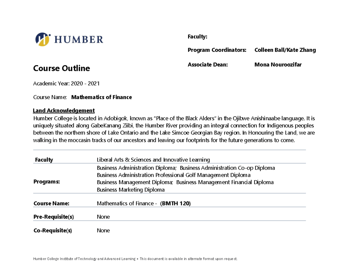 Mathematics of Finance 2020 Outline - Course Outline Academic Year ...