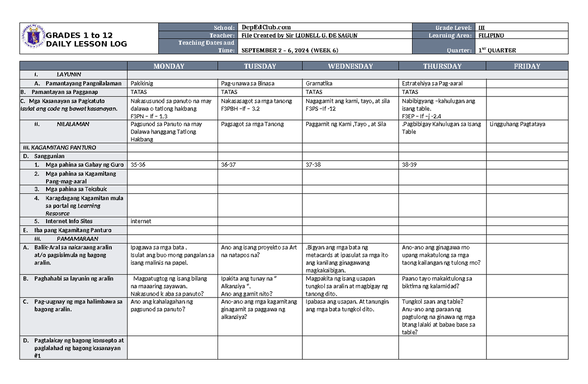 DLL Filipino 3 Q1 W6 - GRADES 1 to 12 DAILY LESSON LOG School ...